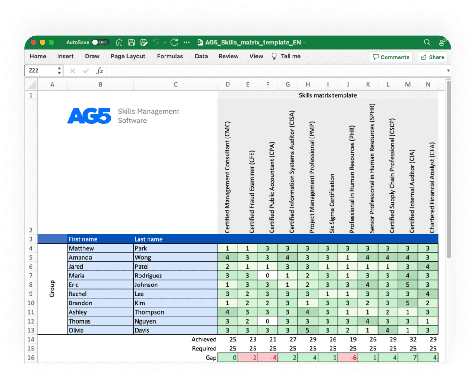 Skills matrix template for Excel: download for free ️